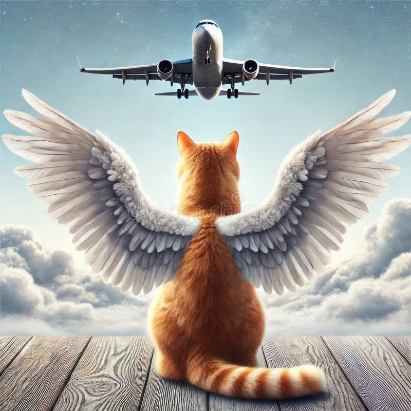A Ginger Cat with Wings Looks at the Plane. Stock Image - Image of ...