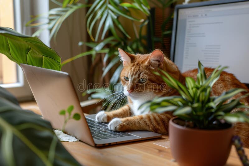 Ginger Cat Working Remotely on Laptop, Surrounded by Plants on Desk ...