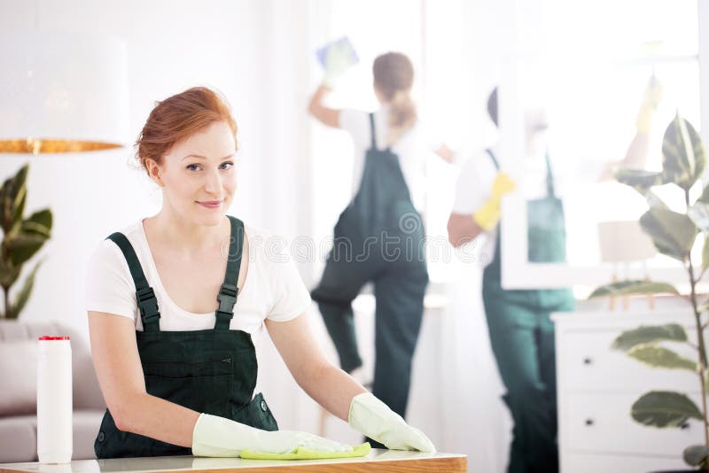 Cleaning Lady Dusting Table Stock Image - Image of gloves, staff: 113740231