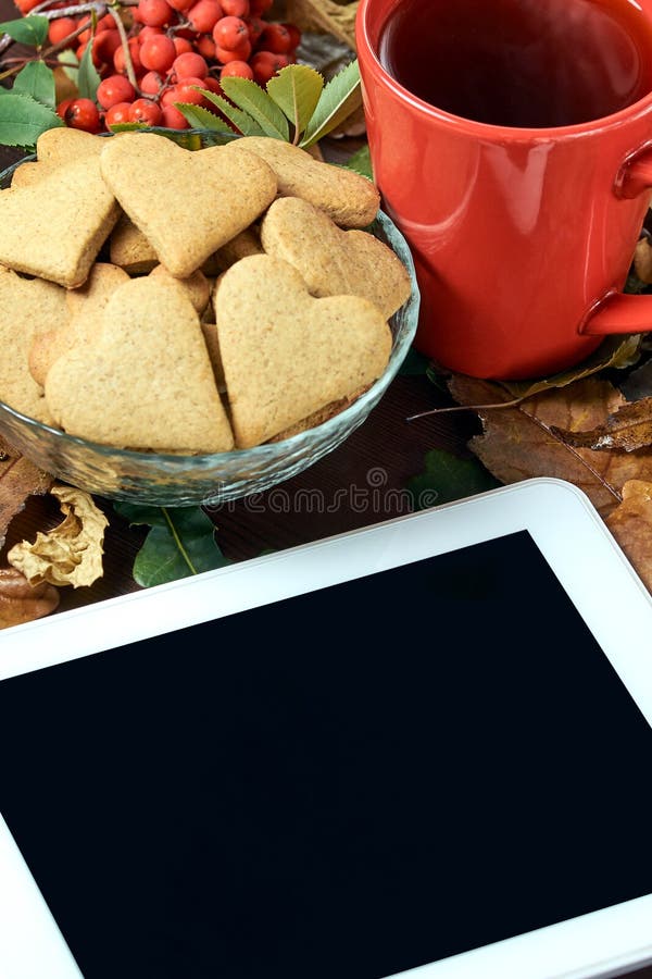 Ginger Cookies Hearts. Modern Tablet Stock Image - Image of black ...