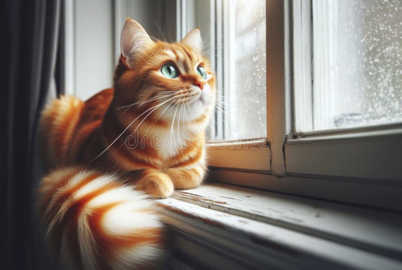 Ginger Cute Cat Sits by the Window Waiting for His Owner Stock ...