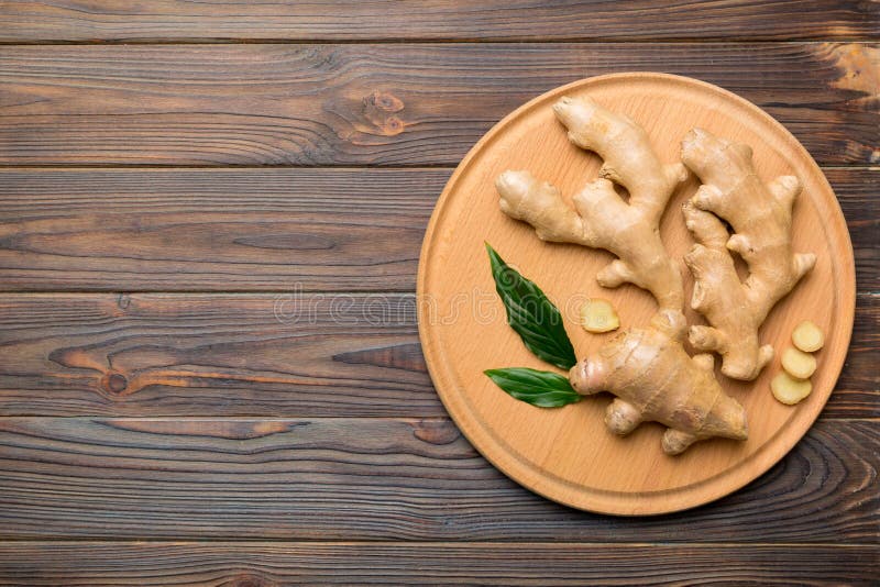 Ginger on Cutting Board Table, Top View. Space for Text Stock Image ...