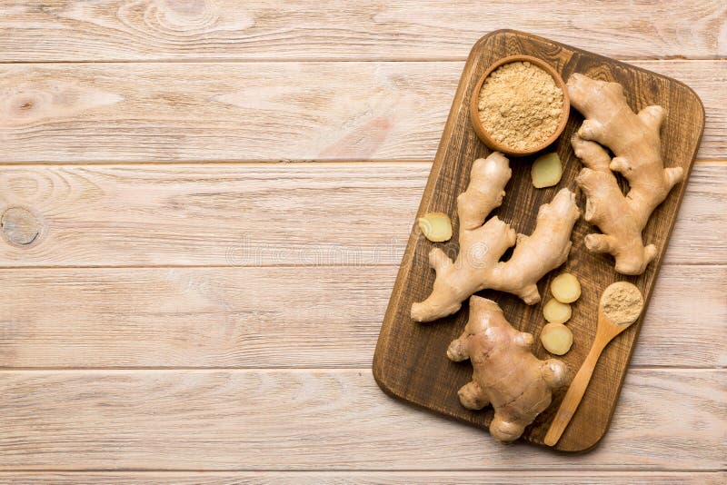 Ginger on Cutting Board Table, Top View. Space for Text Stock Image ...