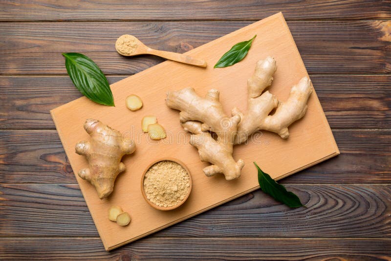 Ginger on Cutting Board Table, Top View. Space for Text Stock Image ...