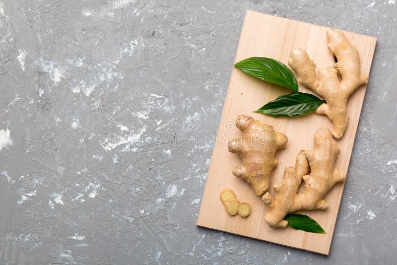Ginger on Cutting Board Table, Top View. Space for Text Stock Image ...