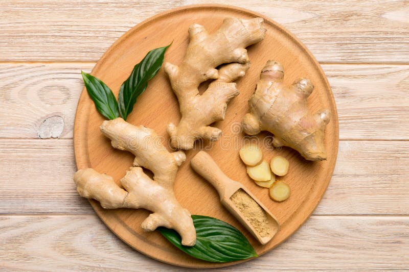 Ginger on Cutting Board Table, Top View. Space for Text Stock Image ...