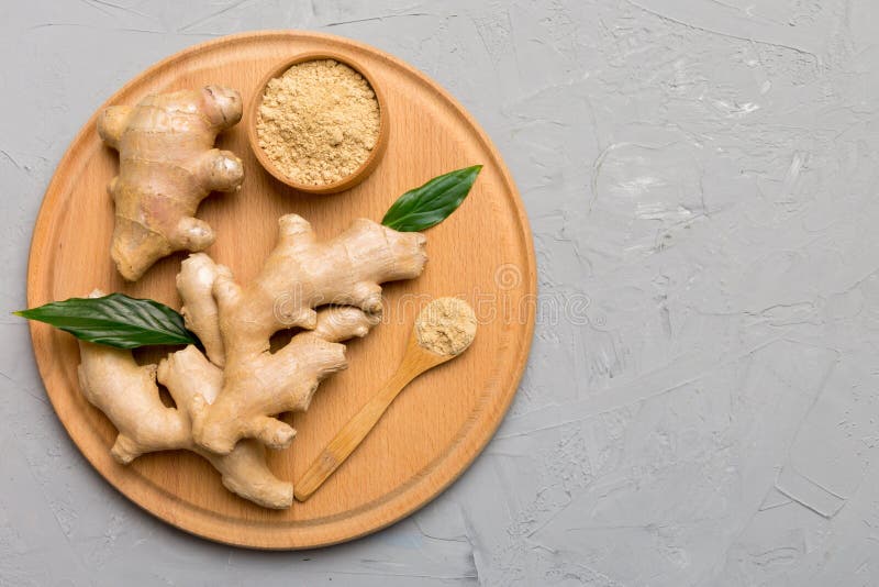 Ginger on Cutting Board Table, Top View. Space for Text Stock Image ...