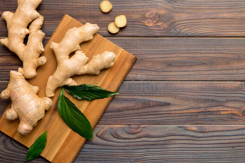 Ginger on Cutting Board Table, Top View. Space for Text Stock Image ...