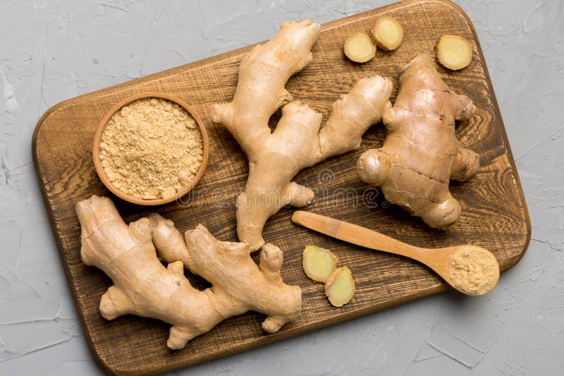 Ginger on Cutting Board Table, Top View. Space for Text Stock Photo ...