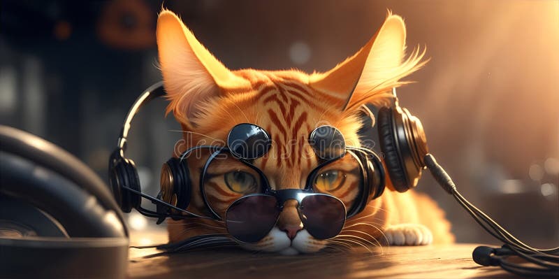 Ginger Dj Cat with Sunglasses and Headphones. Generative AI Stock ...