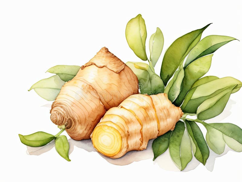 Ginger Elegance: Watercolor Painting of Ginger Root on White Background ...