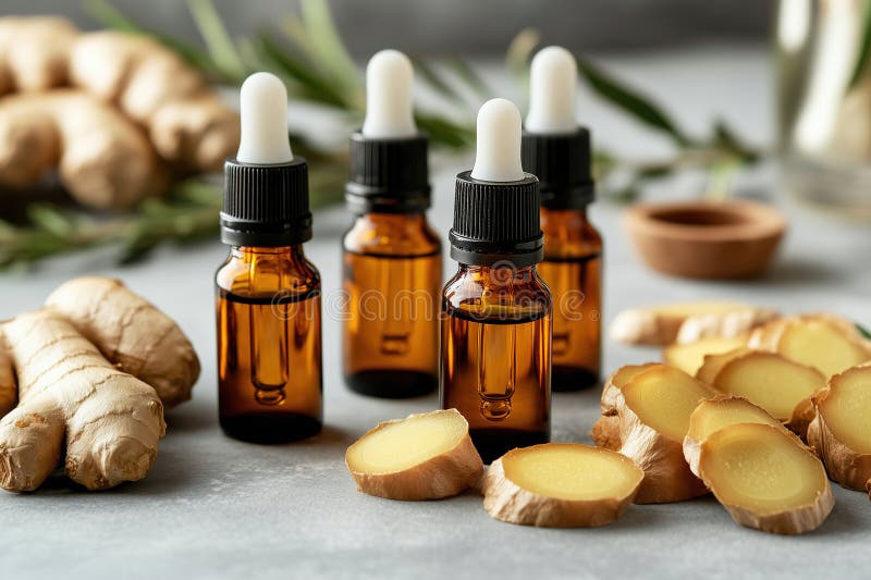 Ginger Essential Oil Bottles Displayed with Fresh Ginger Roots and ...