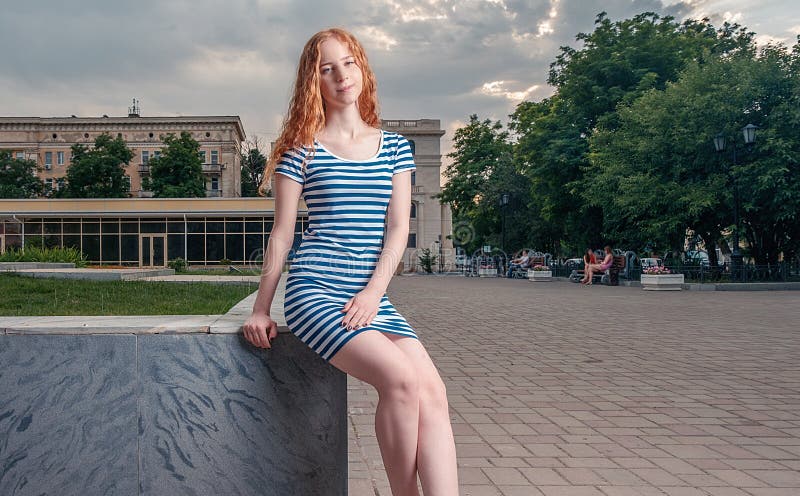 Ginger Haired Girl in Stripped Dress Outdoors Stock Image - Image of ...