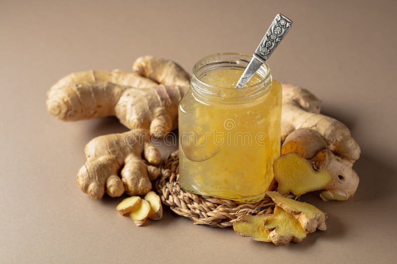 Ginger Jam in Small Square Jar and Fresh Ginger Stock Image - Image of ...