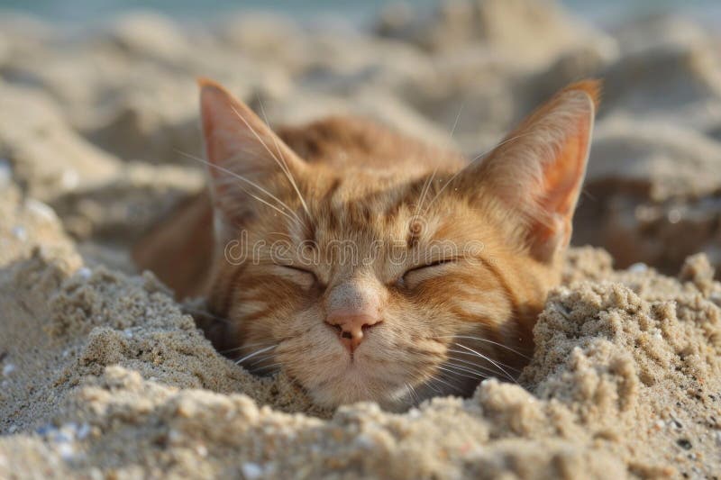 Ginger Kitten Sleeping Peacefully on the Sand at the Beach Stock Photo ...