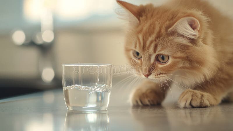 Ginger Kitten Making a Mess by Knocking Over a Glass of Water on a ...