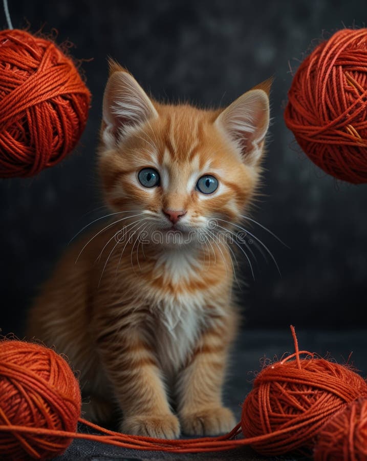 Ginger Kitty Plays with a Ball of Yarn Stock Image - Image of tease ...
