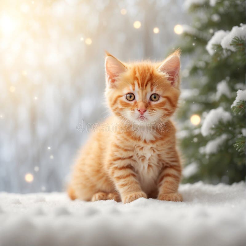 Ginger Kitten in Snow Forest, Christmas Lights Stock Illustration ...