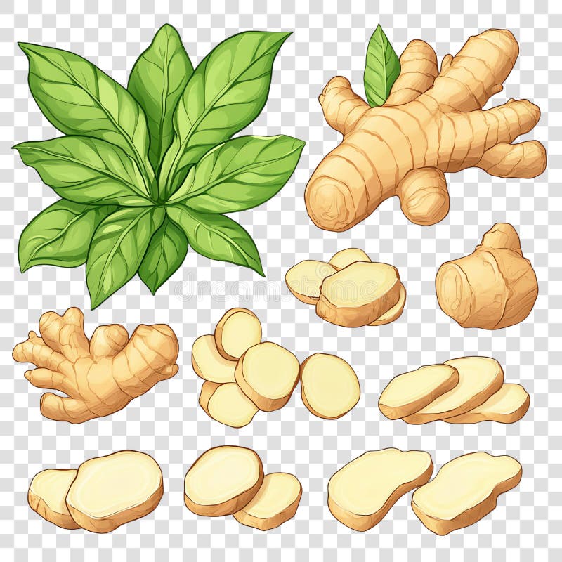 Ginger with Leaves and Sliced Ginger Set Stock Photo - Illustration of ...