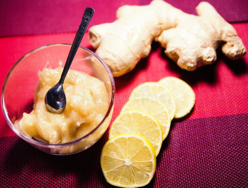 Ginger with Lemon and Honey Isolated on Red Stock Photo - Image of ...