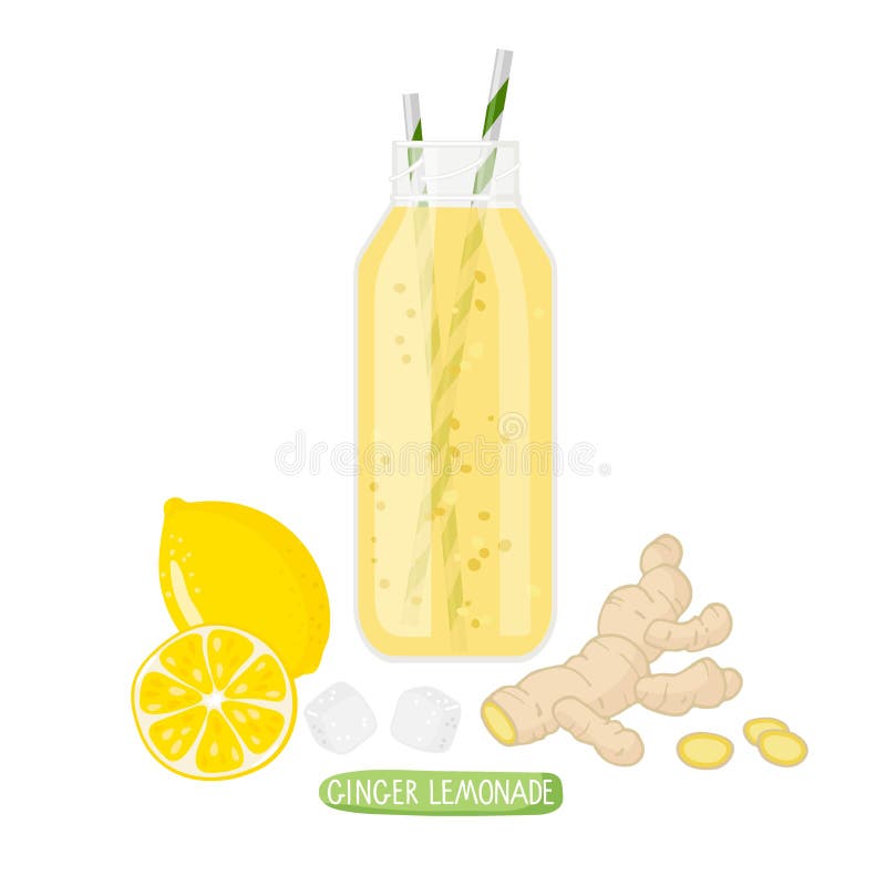 Ginger Lemonade. Glass Bottle with Yellow Beverage and Fruit and ...