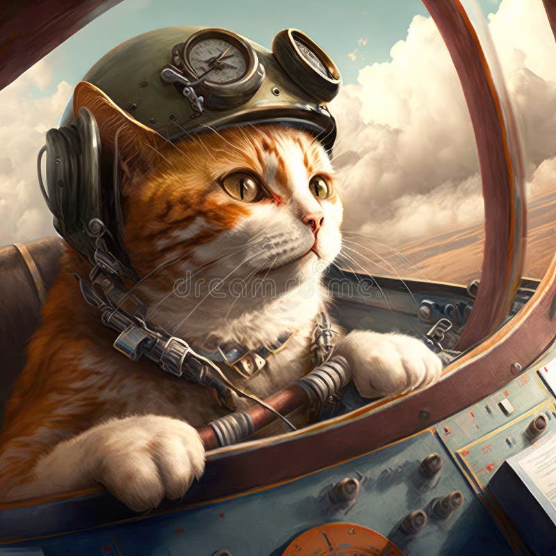 A Ginger Pilot Cat in a Helmet Piloting an Aircraft through the Cloudy ...