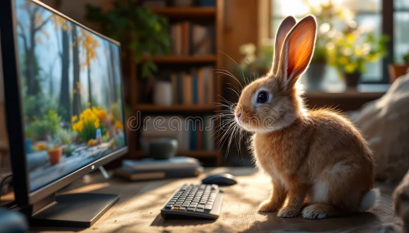 Ginger Rabbit is Sitting Near a Computer Stock Illustration ...