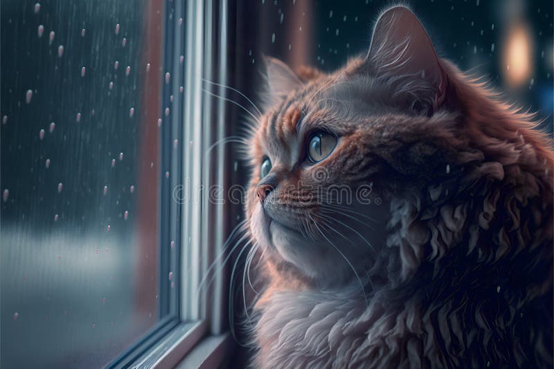 Ginger Realistic Sad Cat Looks Out the Window with Falling Snow. Stock ...