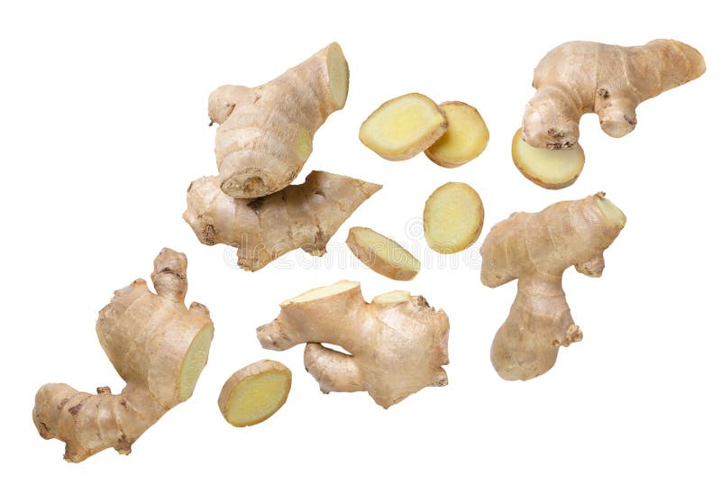 Ginger Rhizome and Pieces Flying Close-up on a White. Isolated Stock ...