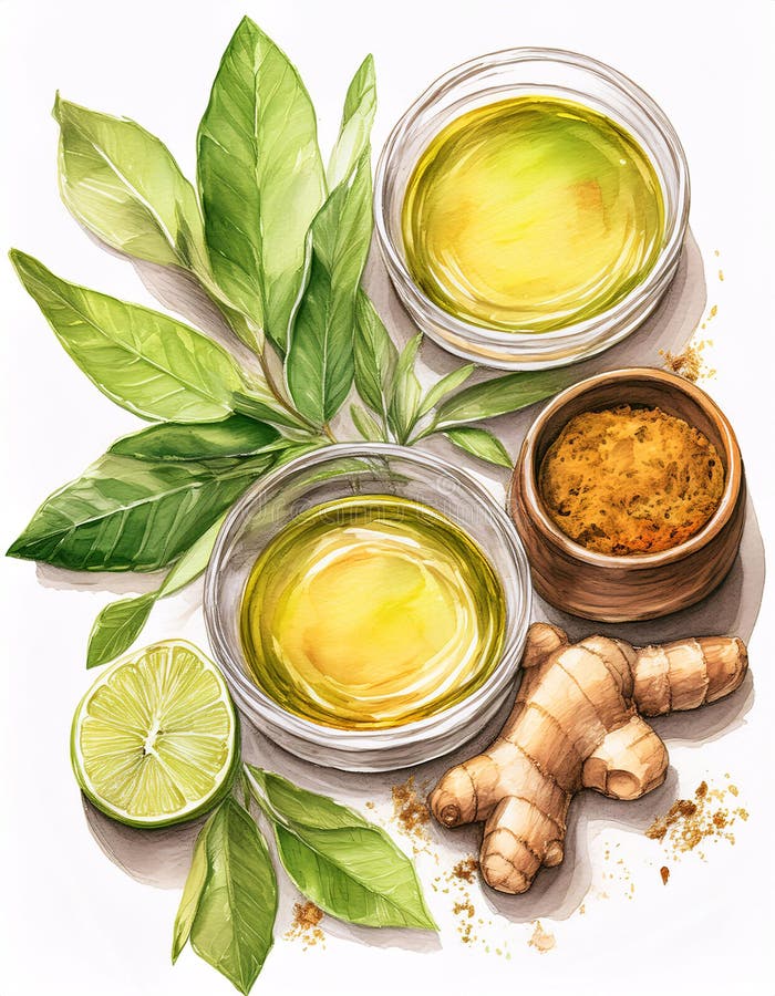 Ginger Root, Lime, Turmeric, and Oils in a Watercolor Painting Stock ...