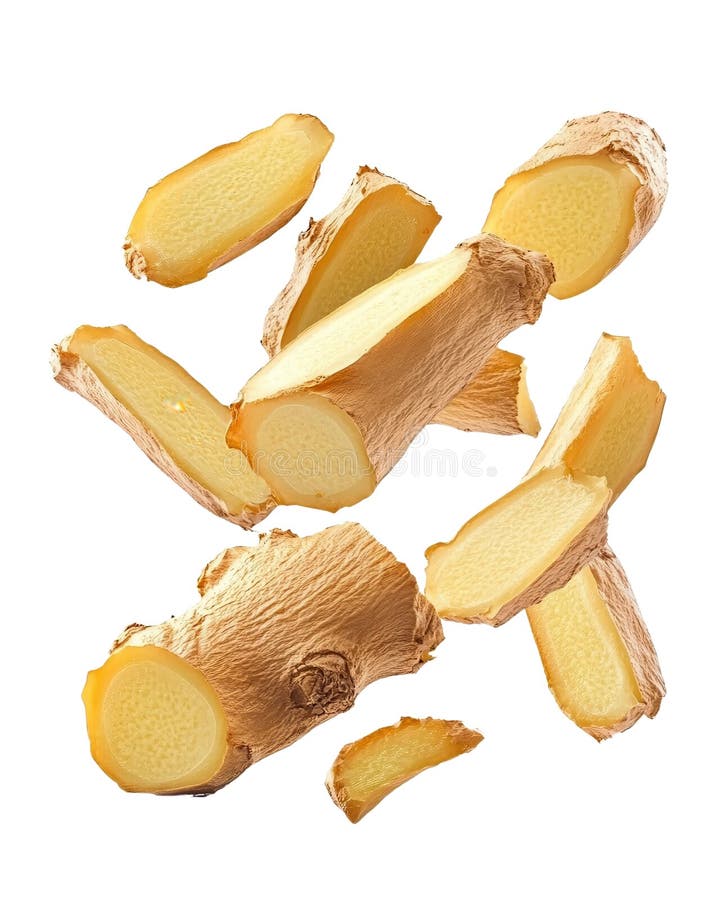 Ginger Root Slices Falling Isolated on White Stock Illustration ...
