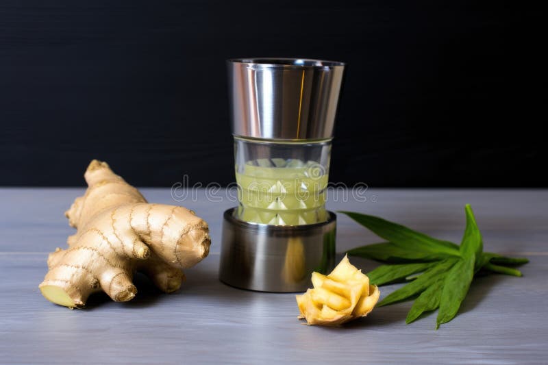 Ginger Shot Next To a Ceramic Grinder with Ground Ginger Stock Image ...