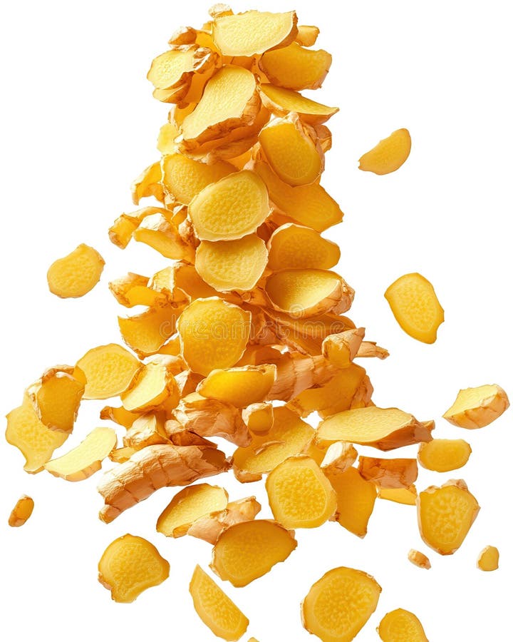 Ginger Slices Falling Isolated on White Stock Image - Illustration of ...