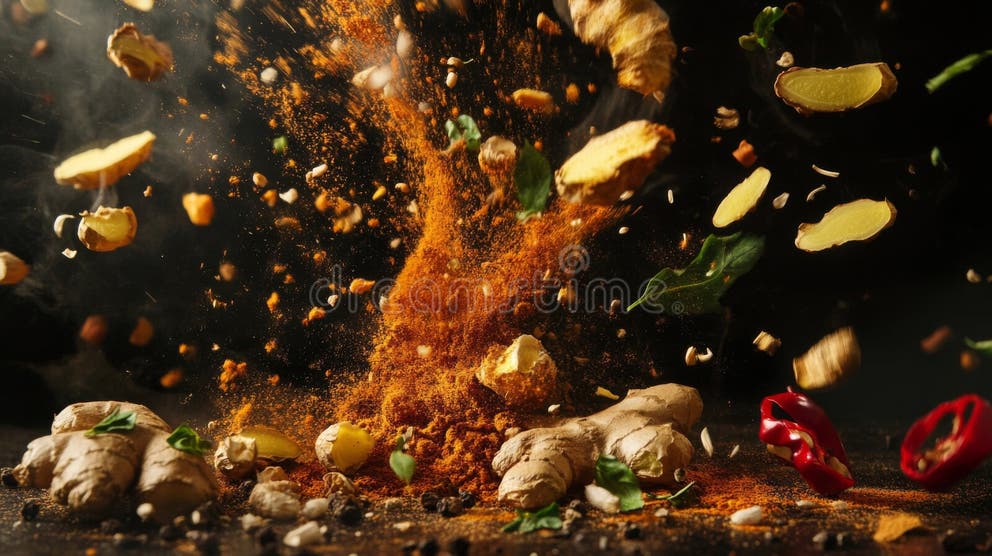Ginger Spice Explosion with Chili Peppers and Herbs Stock Illustration ...