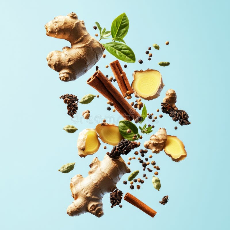 Ginger and Spices Floating on Blue Background Stock Photo - Image of ...