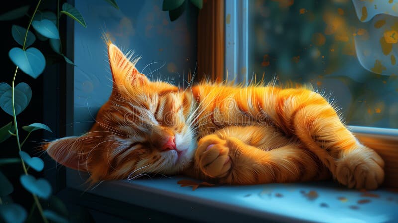 Orange Tabby Cat Napping on Window Sill in Warm Sunlight Stock Image ...