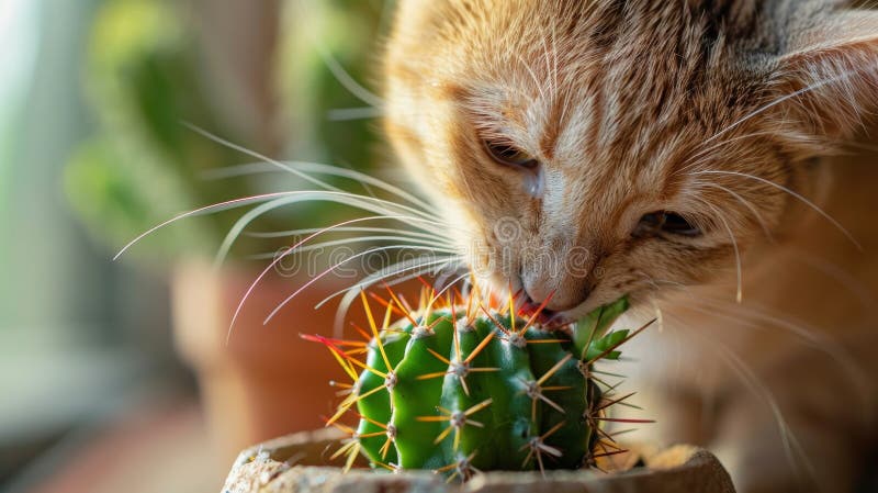 A Ginger Tabby Cat Gently Bites a Small Cactus, a Dangerous but Curious ...