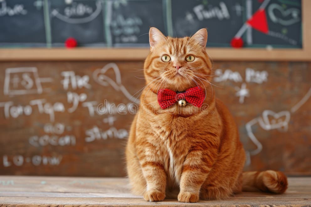 A Ginger Tabby Cat with a Red Bow Tie Sits in Front of a Chalkboard, Looking Up with a Curious ...