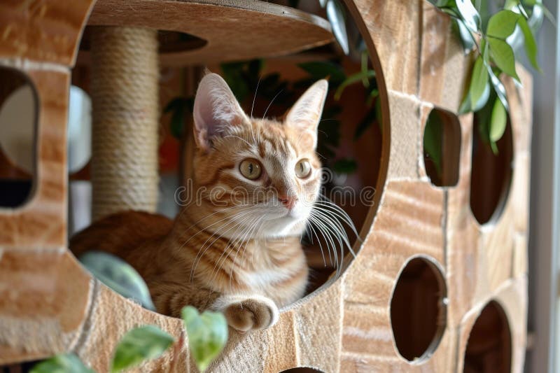 Ginger Tabby Cat Relaxing in Modern Cat Tree Condo Stock Image - Image ...