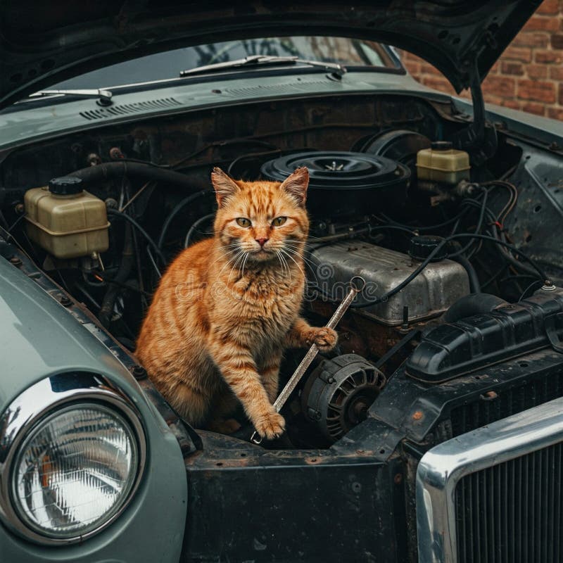 Ginger Cat is in a Car Engine with Tools in Its Paws Stock Image ...