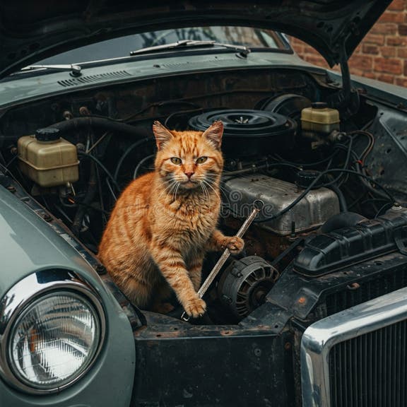 Ginger Cat is in a Car Engine with Tools in Its Paws Stock Image ...