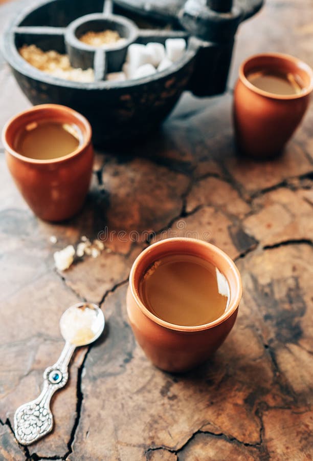Ginger Tea in Clay Cups and Rustic Sugar-bowl on the Wooden Tab Stock ...