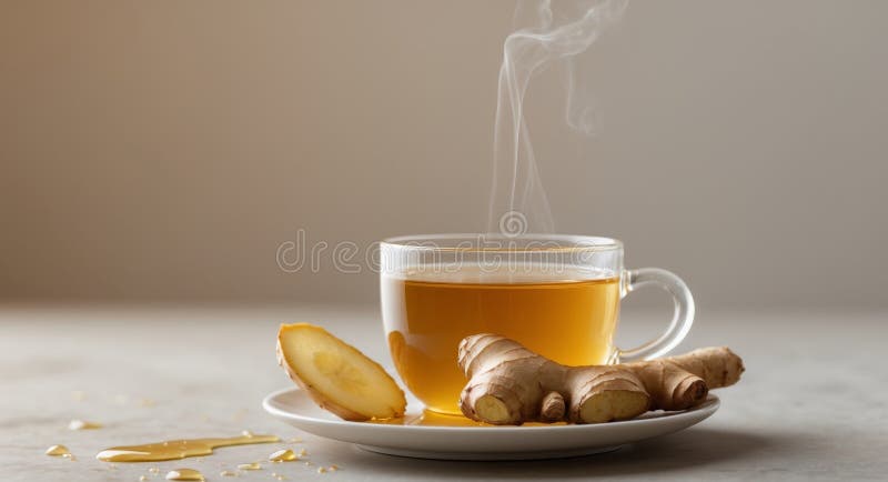 Ginger Tea with Fresh Ginger Root and Honey Garnish Closeup Stock Photo ...