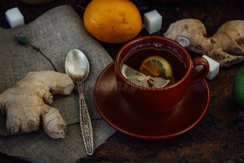 Ginger Tea with Lemon, Lime and Sugar. Stock Photo - Image of rustic ...