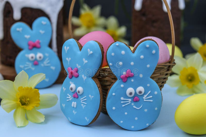 Gingerbread Blue Rabbits in the Easter Composition with Eggs and Easter ...