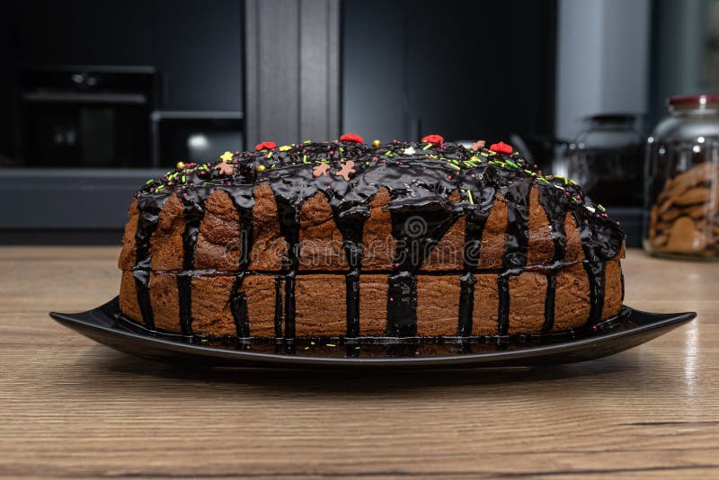 Gingerbread Cake with Chocolate Icing and Jam Inside, Sprinkled with ...