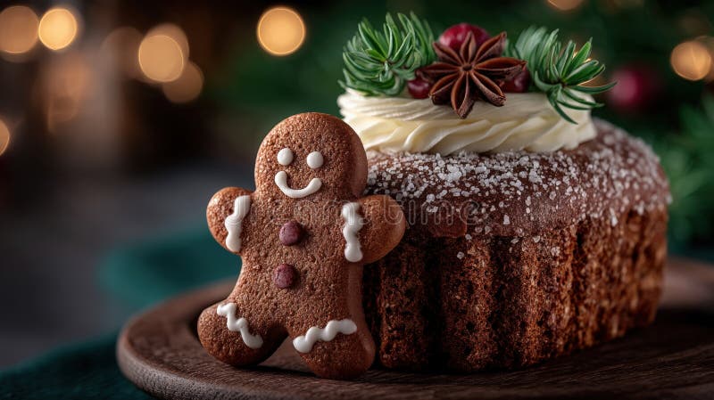 Gingerbread Cake with White Icing and a Gingerbread Man Topper on a ...