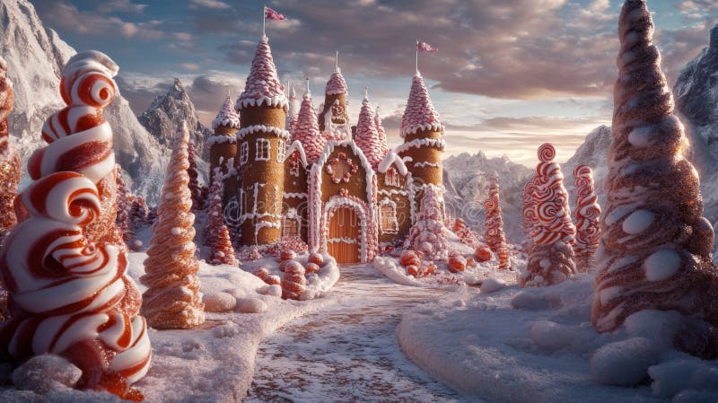 Gingerbread Castle in a Snowy Candy Land Stock Illustration ...