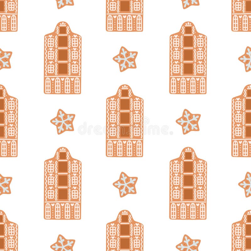 Gingerbread Christmas Seamless Pattern House Cookies Isolated on White ...