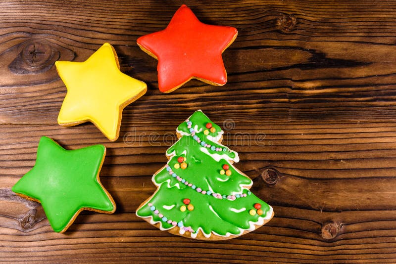 Gingerbread Christmas Trees and Stars on Wooden Table. Top View Stock ...